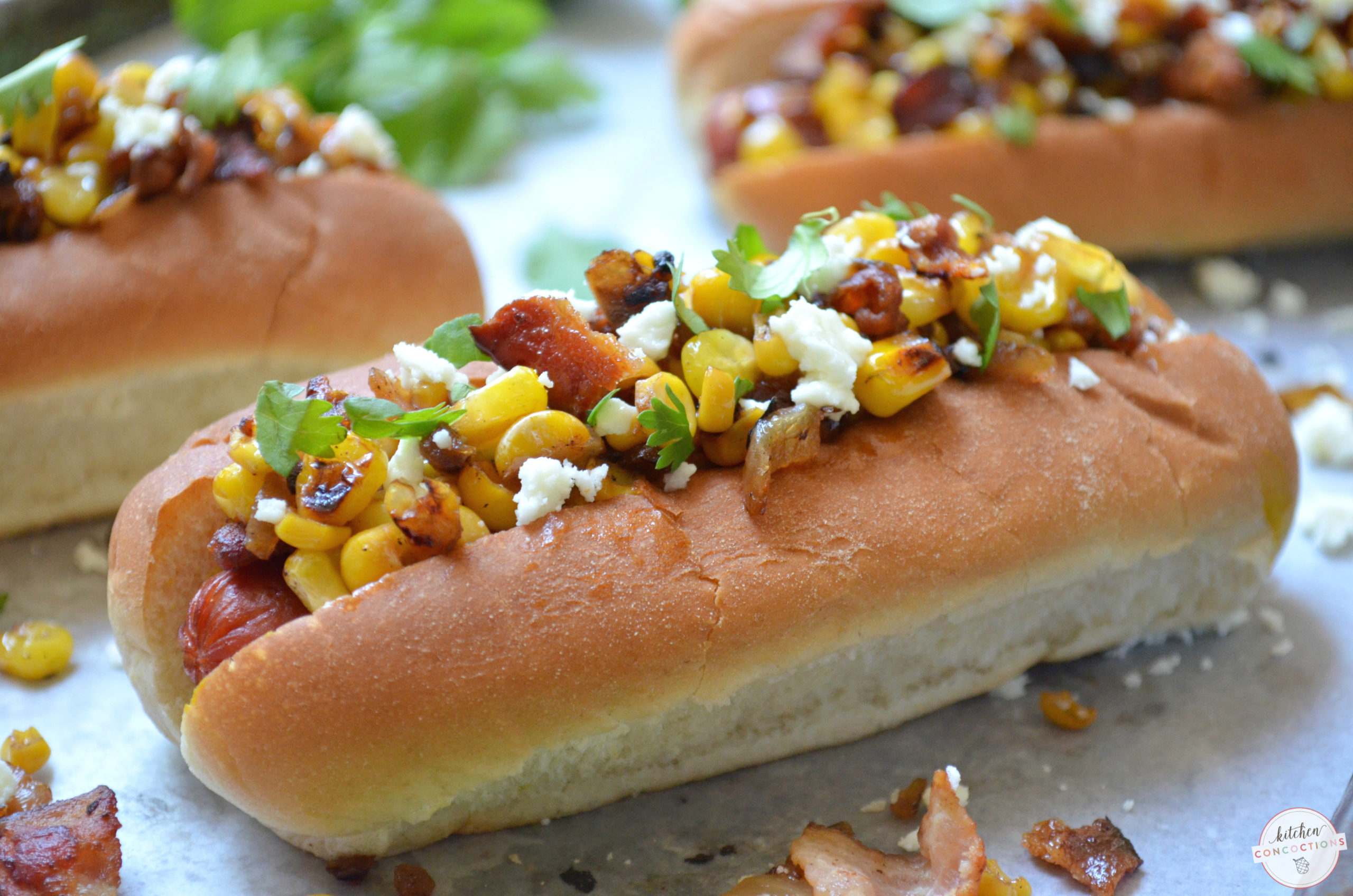 Spicy Grilled Hot Dogs with Bacon Corn Relish - Kitchen Concoctions