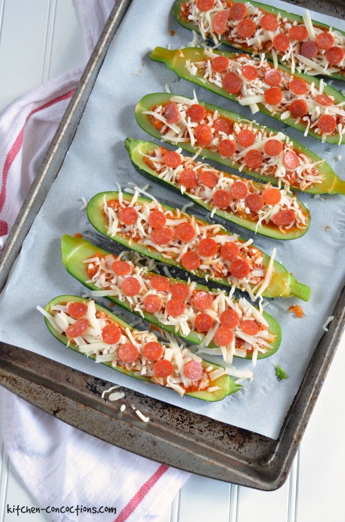 Pepperoni Pizza Zucchini Boats - Kitchen Concoctions